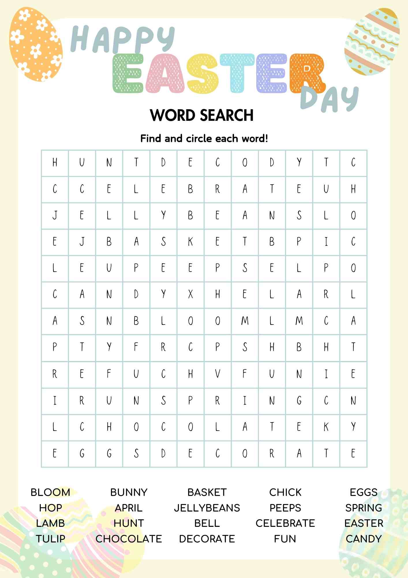 Easter Word Search Puzzle – Fun Spring Activity for Kids 20 Words Free PDF Download - Ezpzlearn.com